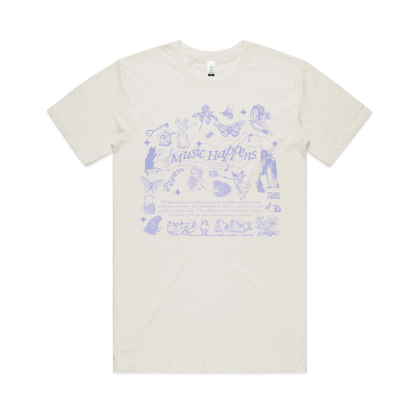 Music In Exile / 'Music Happens' Natural T-Shirt – sound-merch.com.au