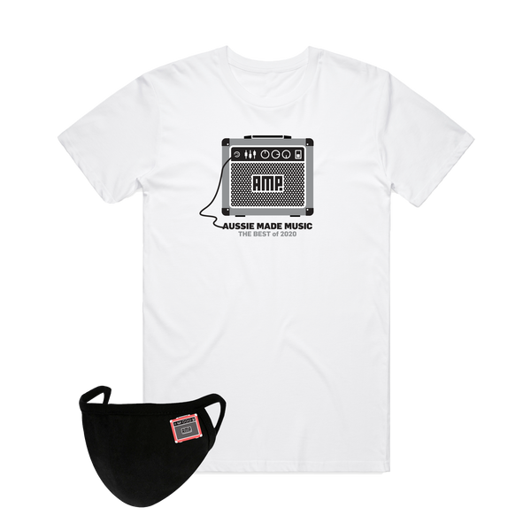 Aussie Made Music / White T-shirt w Grey + Mask – sound-merch.com.au